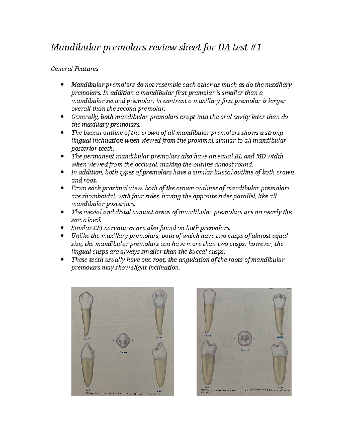 Mandibular premolars review sheet for DA test - In addition a ...
