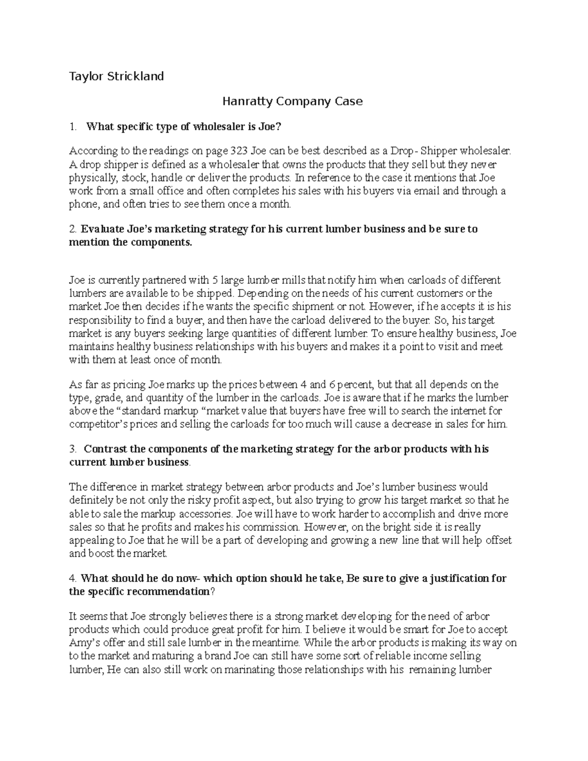 Hanratty Company Case - What specific type of wholesaler is Joe ...