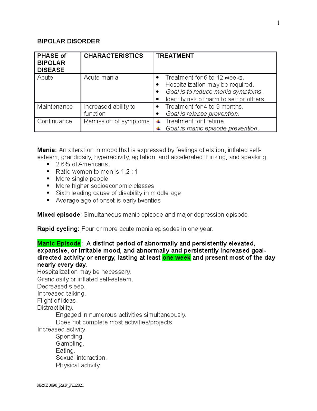 MOOD Disorders Bipolar Notes - BIPOLAR DISORDER PHASE of BIPOLAR ...