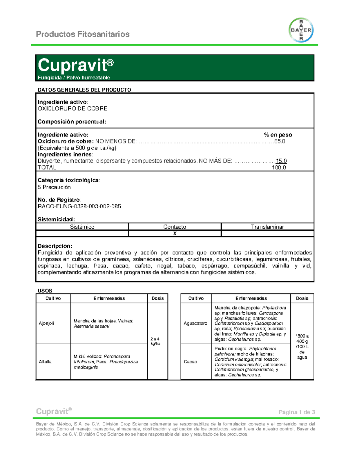 Cupravit-Ficha-Tecnica - Productos Fitosanitarios Cupravit ® Página 1 de 3 Bayer de México, S ...