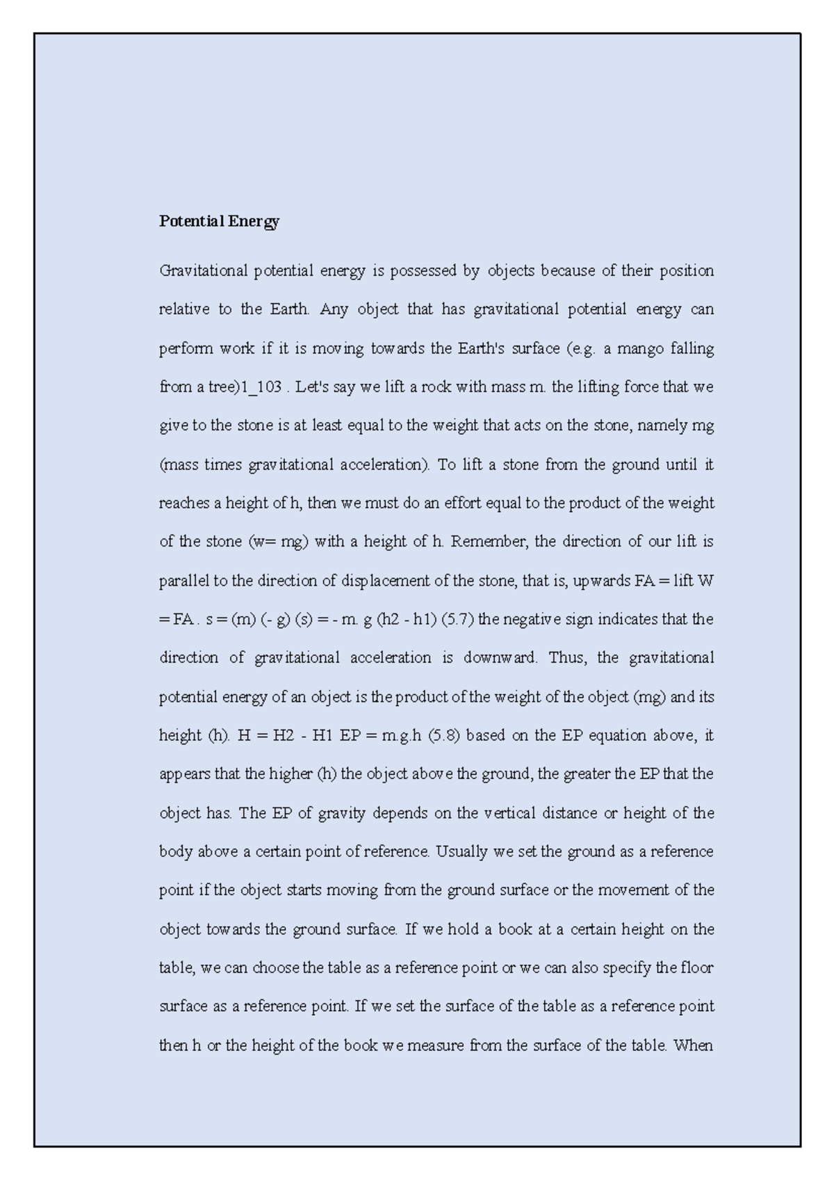 Study Notes - Potential Energy - Potential Energy Gravitational ...