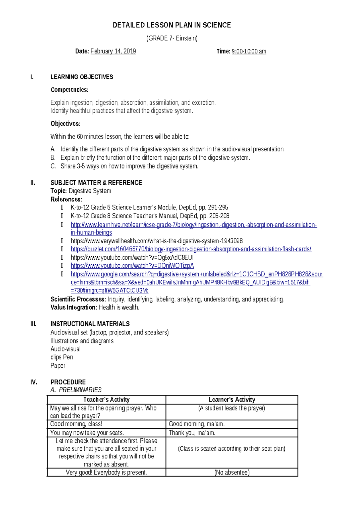 Digestive System Lesson Plan - DETAILED LESSON PLAN IN SCIENCE (GRADE 7 ...
