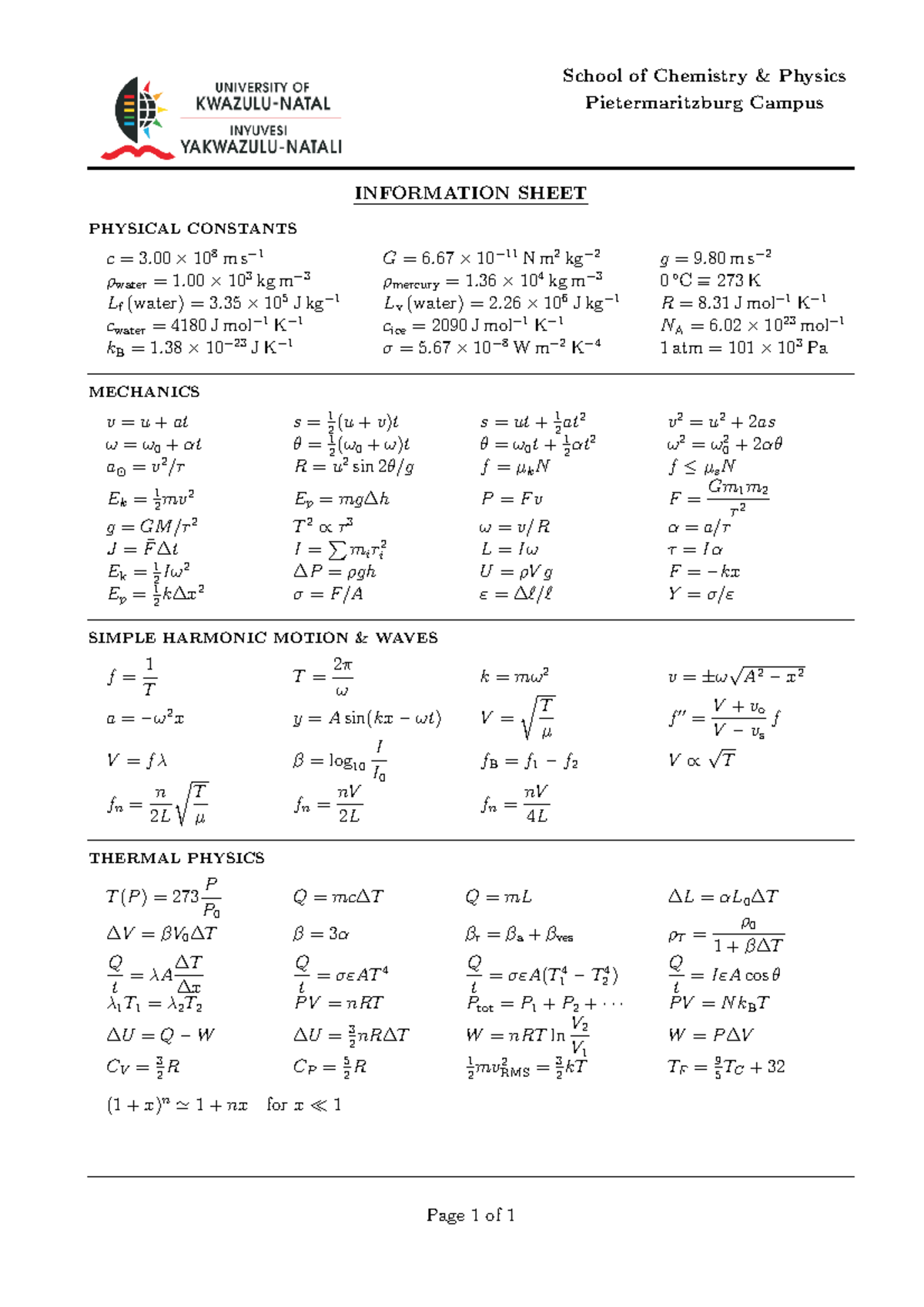 Formula Sheet - School of Chemistry & Physics Pietermaritzburg Campus ...