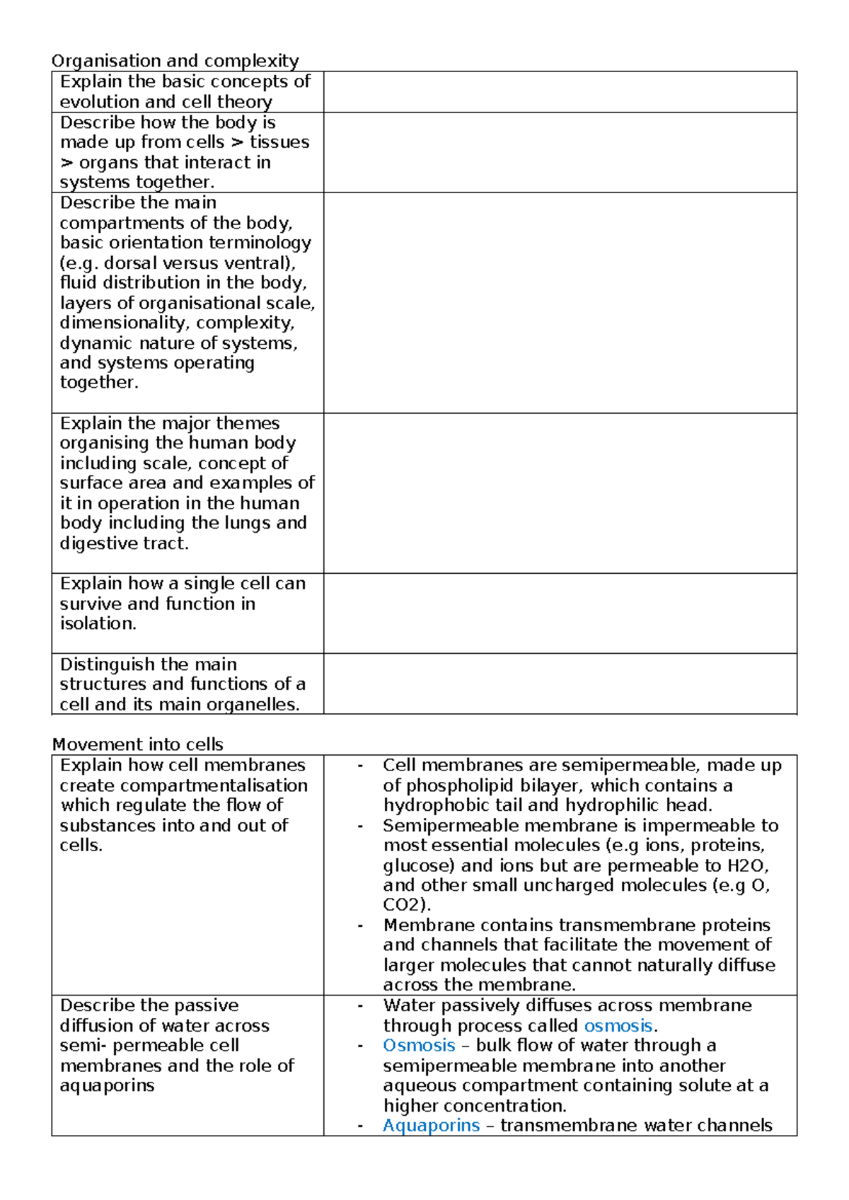 BIOL1008 - Summary Human Biology - Organisation and complexity Explain ...