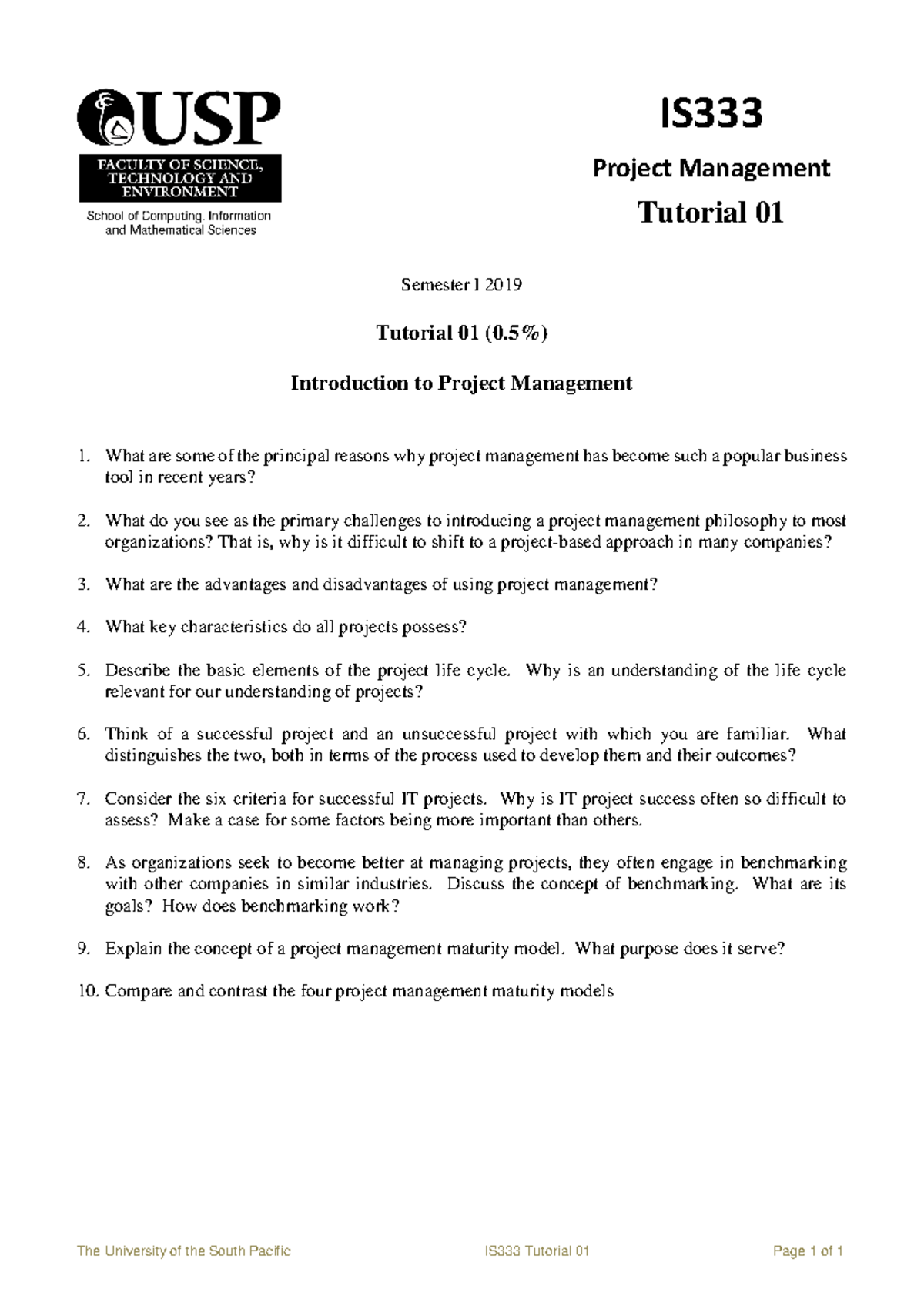 Tutorial 01 - Introduction to Project Management - The University of the South Pacific IS333 ...