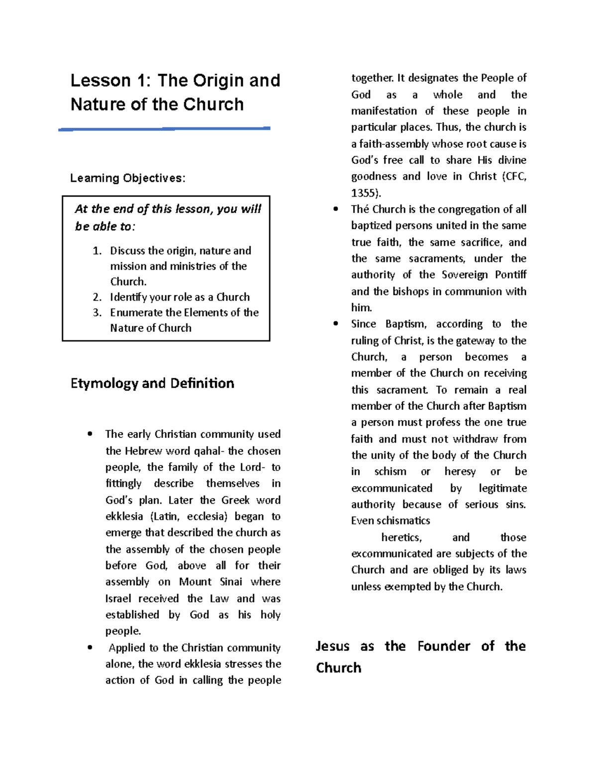 The Origin and Nature of the Church - Lesson 1: The Origin and Nature ...