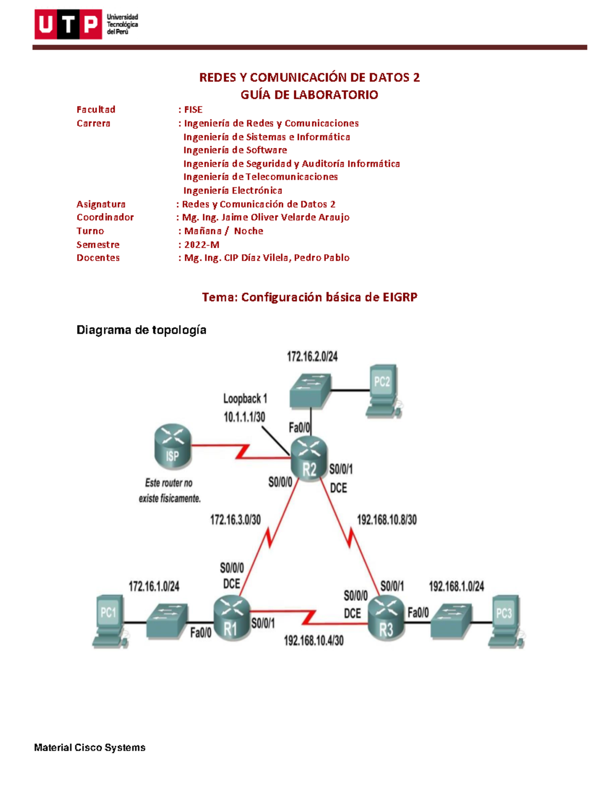 S16.s2-Lab-Protocolo Eigrp-10242 - REDES Y COMUNICACI”N DE DATOS 2 GUÕA DE LABORATORIO Facultad ...