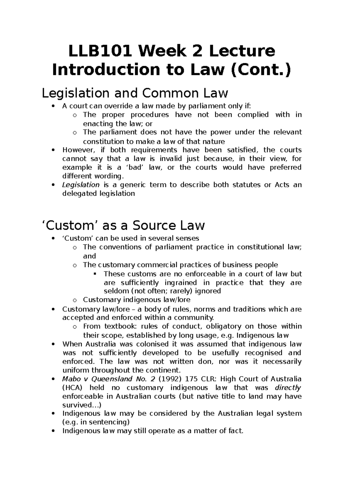 LLB101 LW2 Intro to Law (cont - LLB101 Week 2 Lecture Introduction to Law (Cont.) Legislation ...