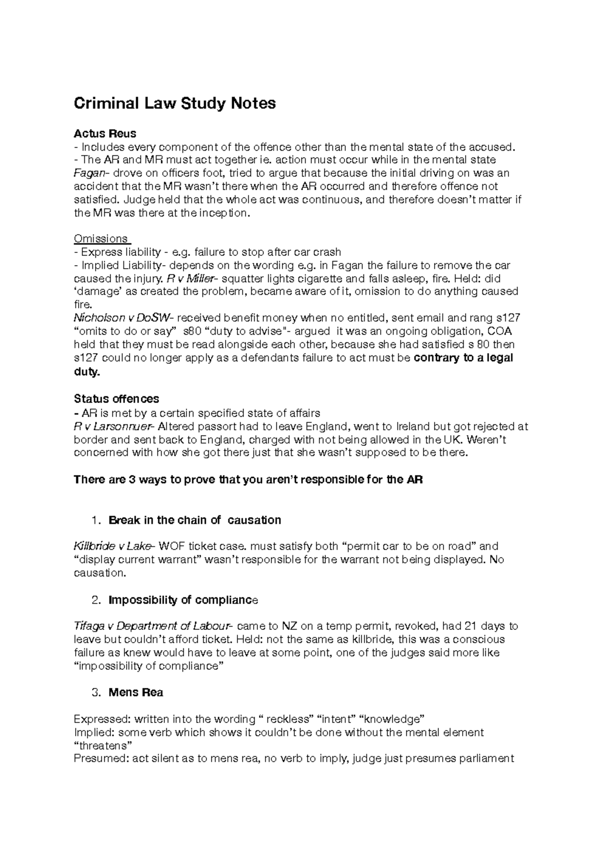 Criminal Study Notes - Criminal Law Study Notes Actus Reus Includes ...