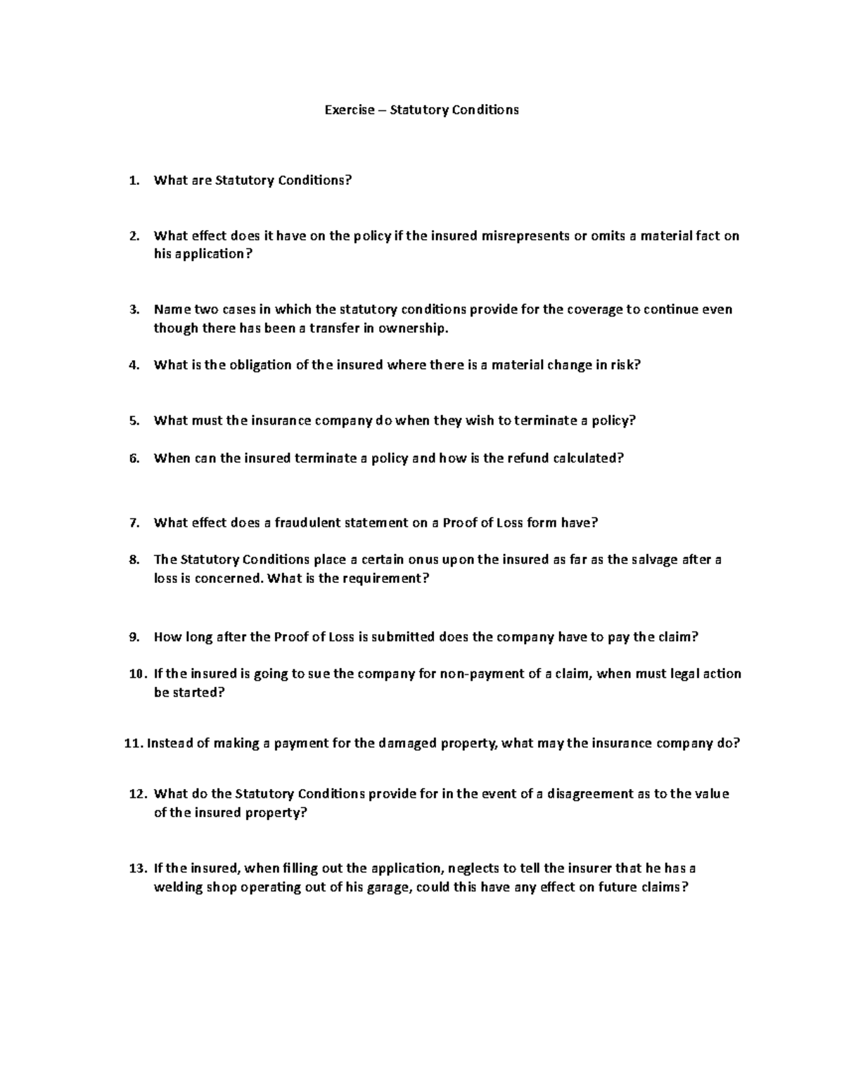 Assignment 2 Statutory Conditions Exercise - Exercise – Statutory ...
