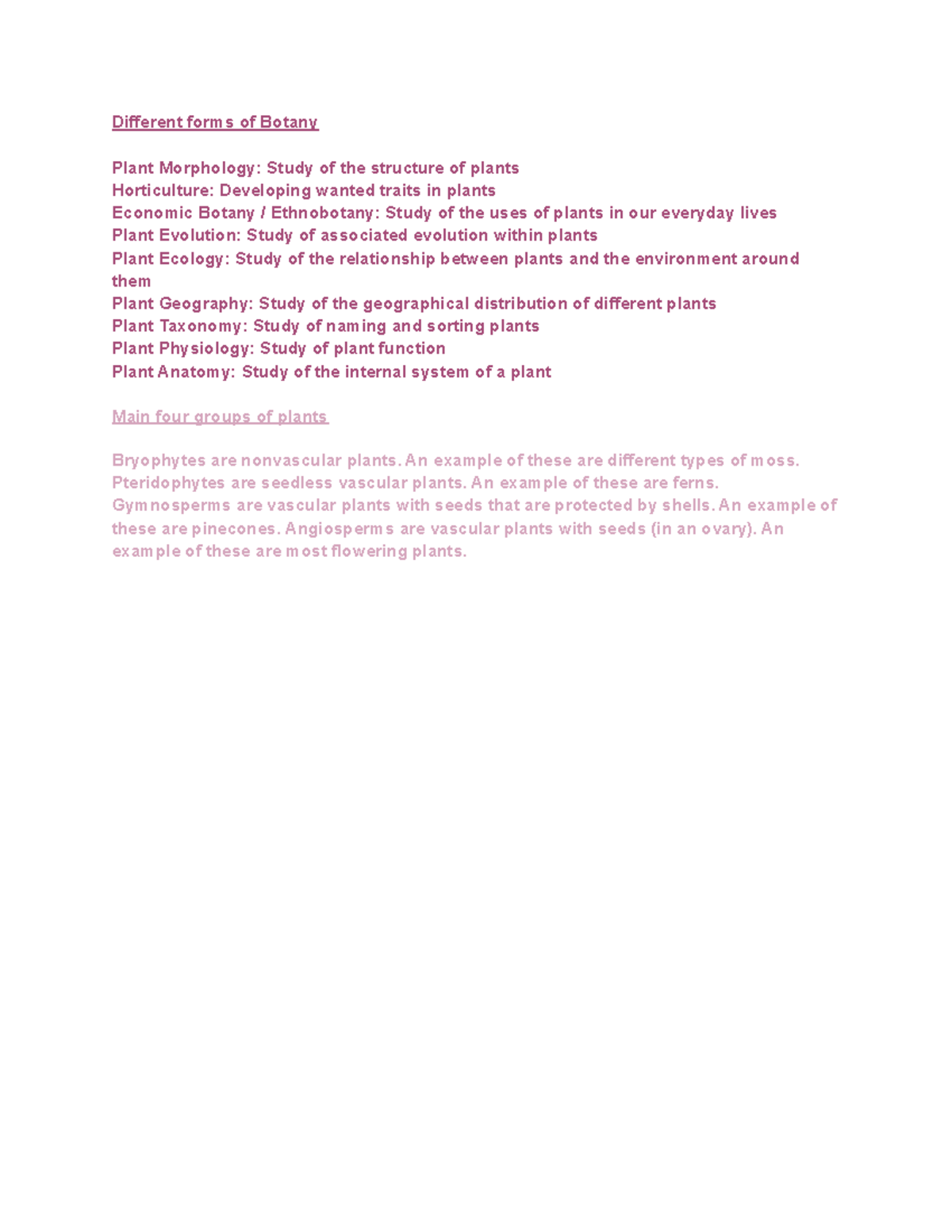 Lab and Lec - Forms of botany, main four groups of plants - Different ...