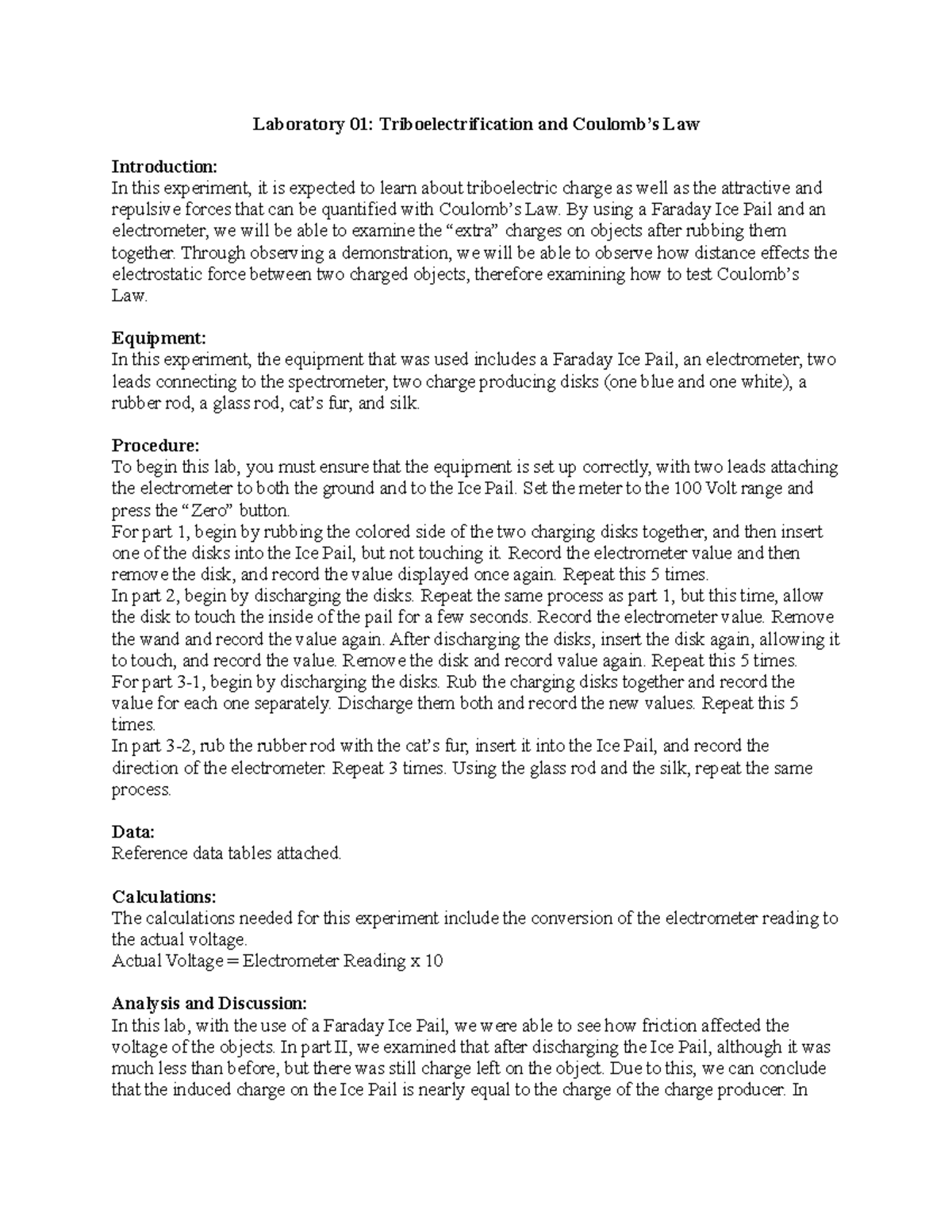 Physics Lab 123-01 - Laboratory 01: Triboelectrification and Coulomb’s Law Introduction: In this ...