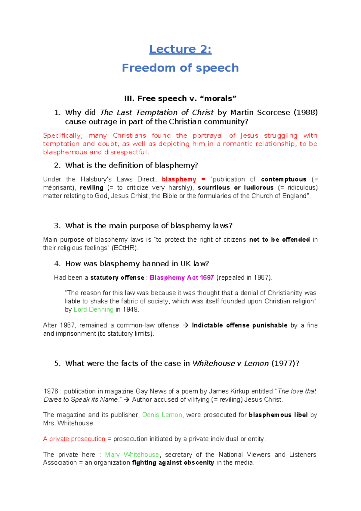 1- UK- Free speech- III+ IV - Lecture 2: Freedom of speech III. Free ...