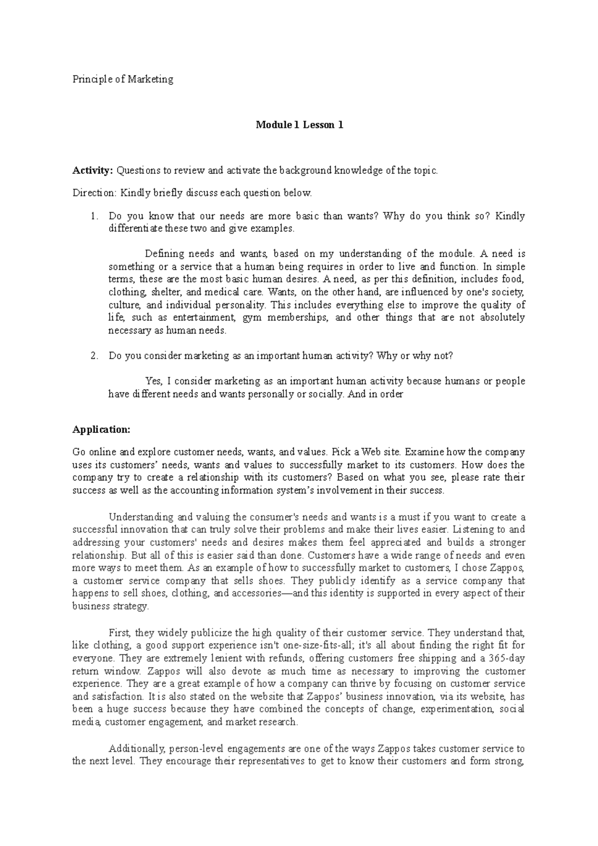 Marketing - Principle of Marketing Module 1 Lesson 1 Activity: Questions to review and activate ...