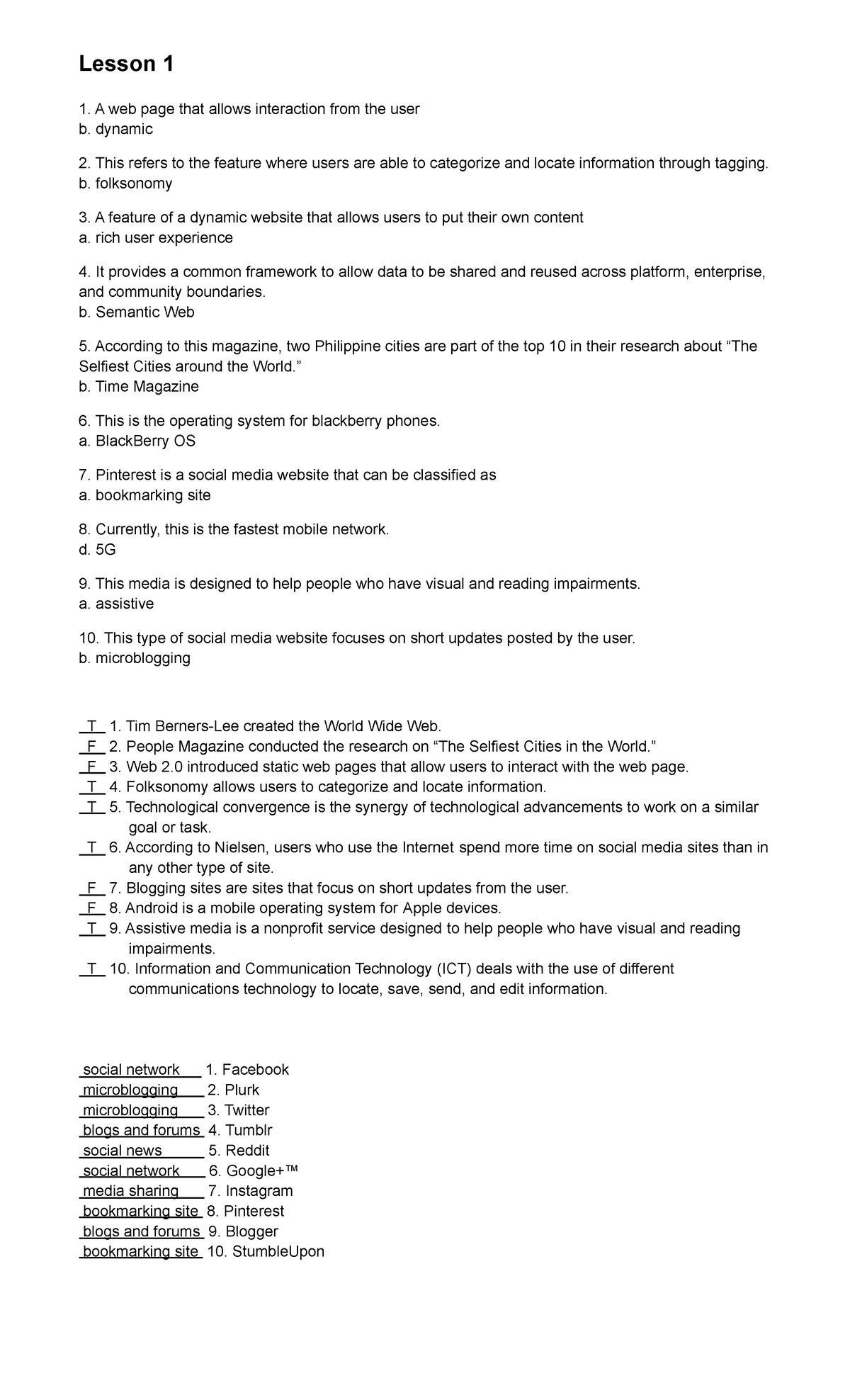 Lesson 1 2 Ans Empowerment Tech - Lesson 1 1. A web page that allows ...