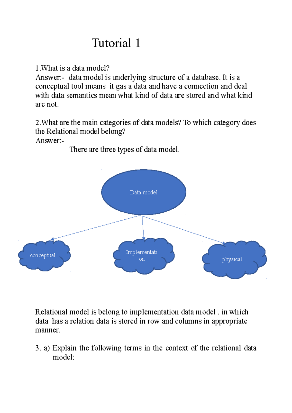 Vishali tutioral - Tutorial 1 1 is a data model? Answer:- data model is underlying structure of ...