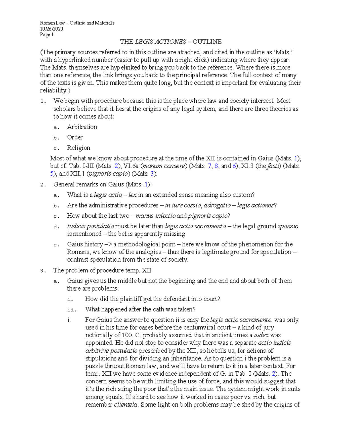 LAW OF Actions - notes - 10/26/ Page 1 THE LEGIS ACTIONES – OUTLINE ...