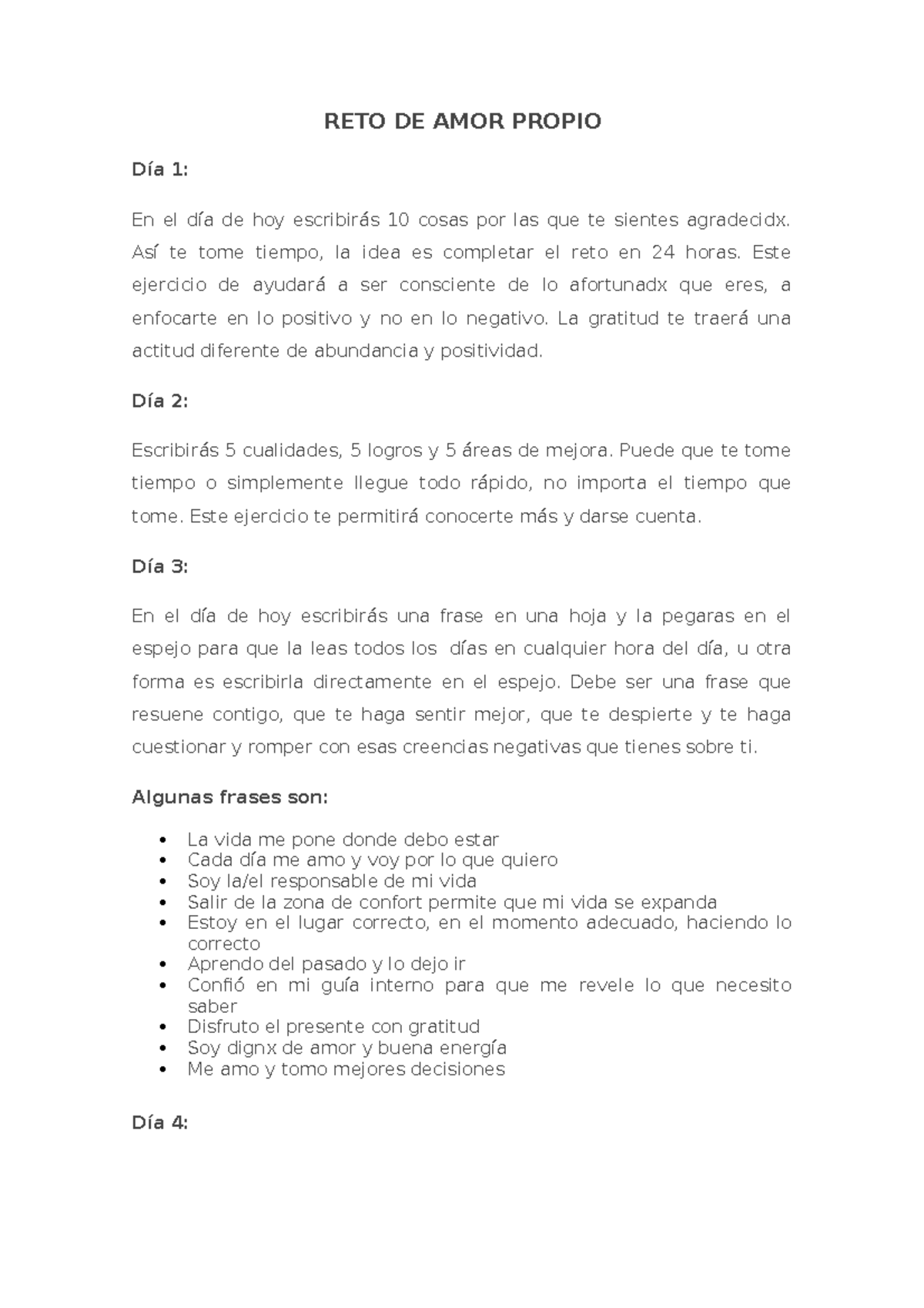 RETO DE AMOR Propio - ejercicio para casa - RETO DE AMOR PROPIO Día 1 ...