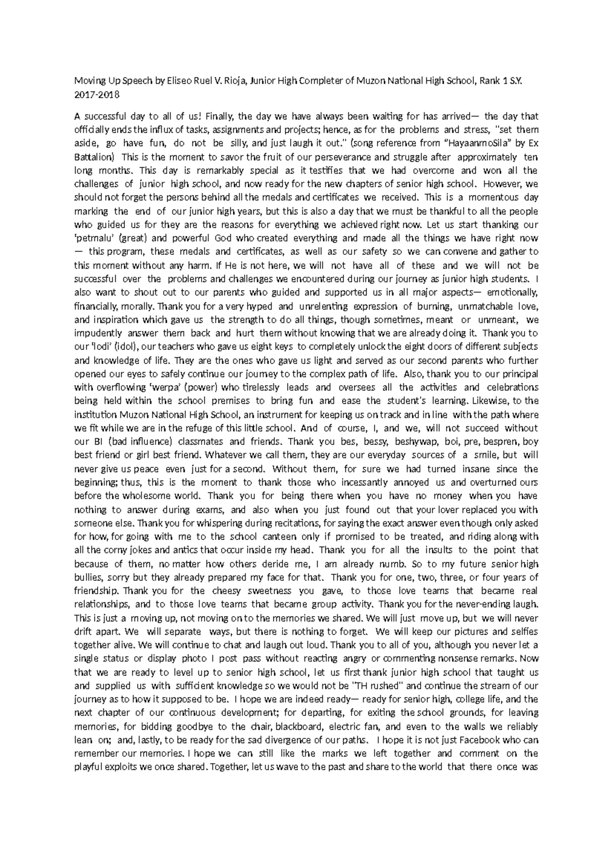 Moving Up Speech by Eliseo Ruel V - Rioja, Junior High Completer of ...