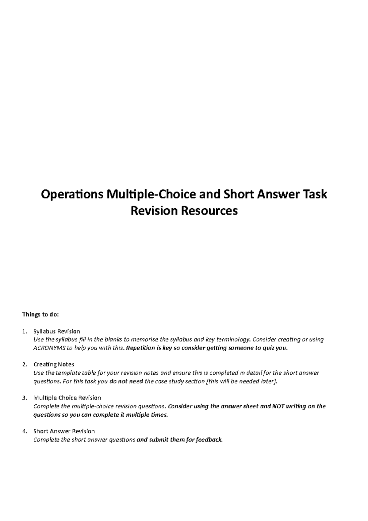 Revision - Operations Multiple-Choice and Short Answer Task Revision ...