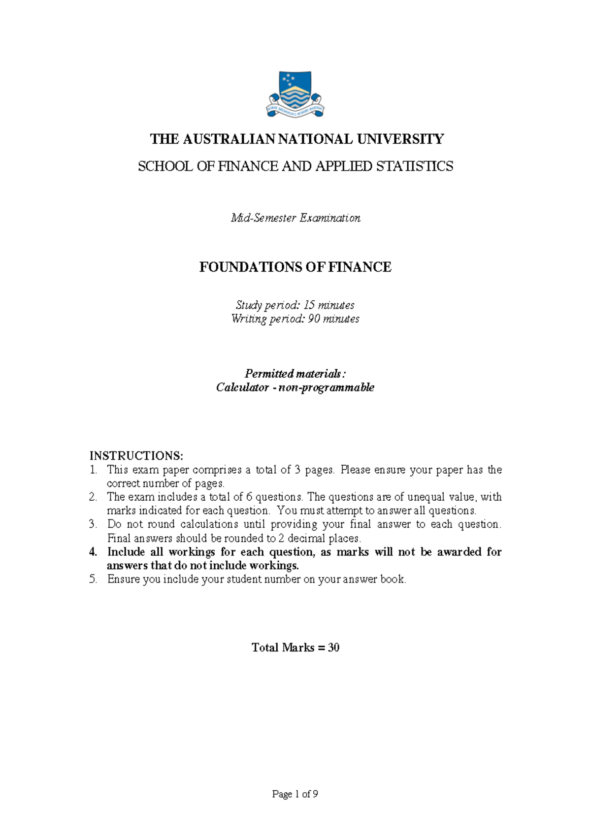 Sample/practice exam - THE AUSTRALIAN NATIONAL UNIVERSITY SCHOOL OF ...