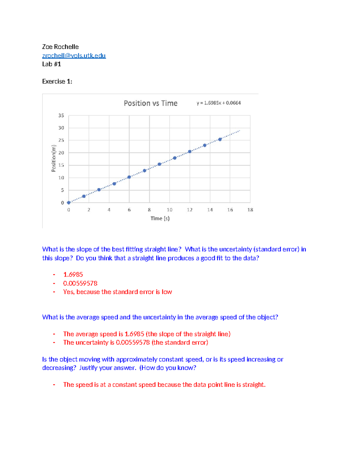 Lab 1 physics - Lab 1 - Zoe Rochelle zrochell@vols.utk Lab Exercise 1 ...