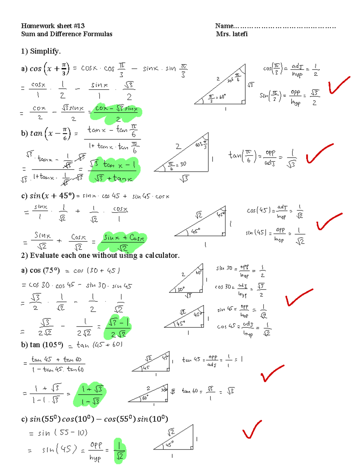 HW 13 - HW KEY FOR COLLEGE TRIGONOMETRY - Sum and Difference Formulas ...
