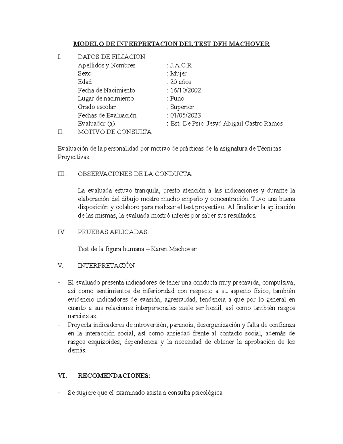 Informe Figura Humana - MODELO DE INTERPRETACION DEL TEST DFH MACHOVER ...