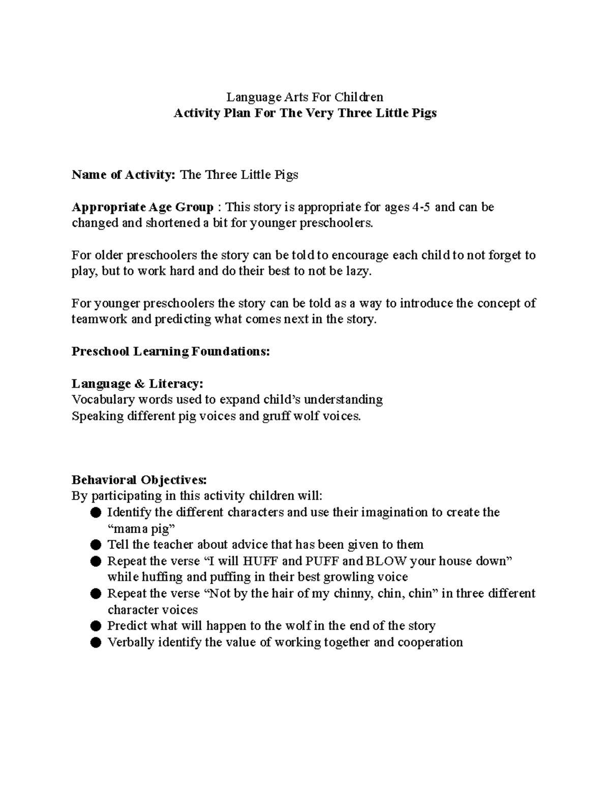 Activity Plan for Felt Story - Language Arts For Children Activity Plan ...