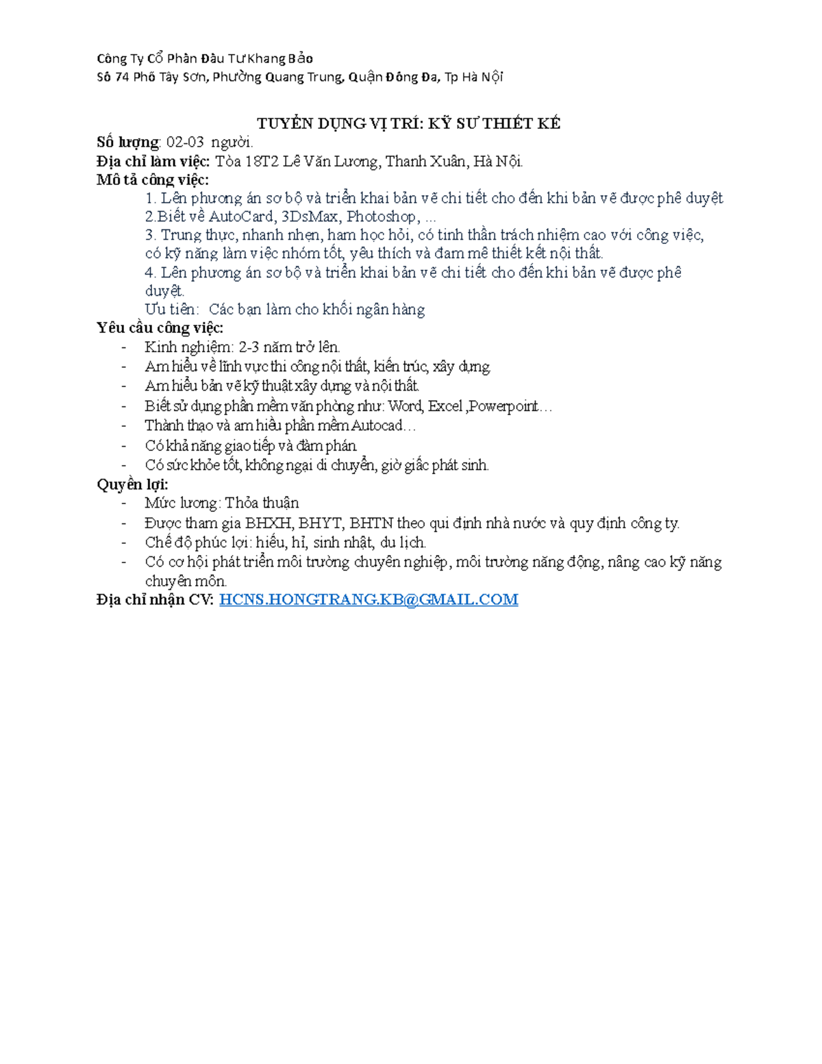 JD Kỹ Sư Thiết Kế Xây Dựng - Công Ty C ổ Phầần Đầầu T ư Khang B ảo Sôố 74 Phôố Tầy S ơn, Ph ường ...