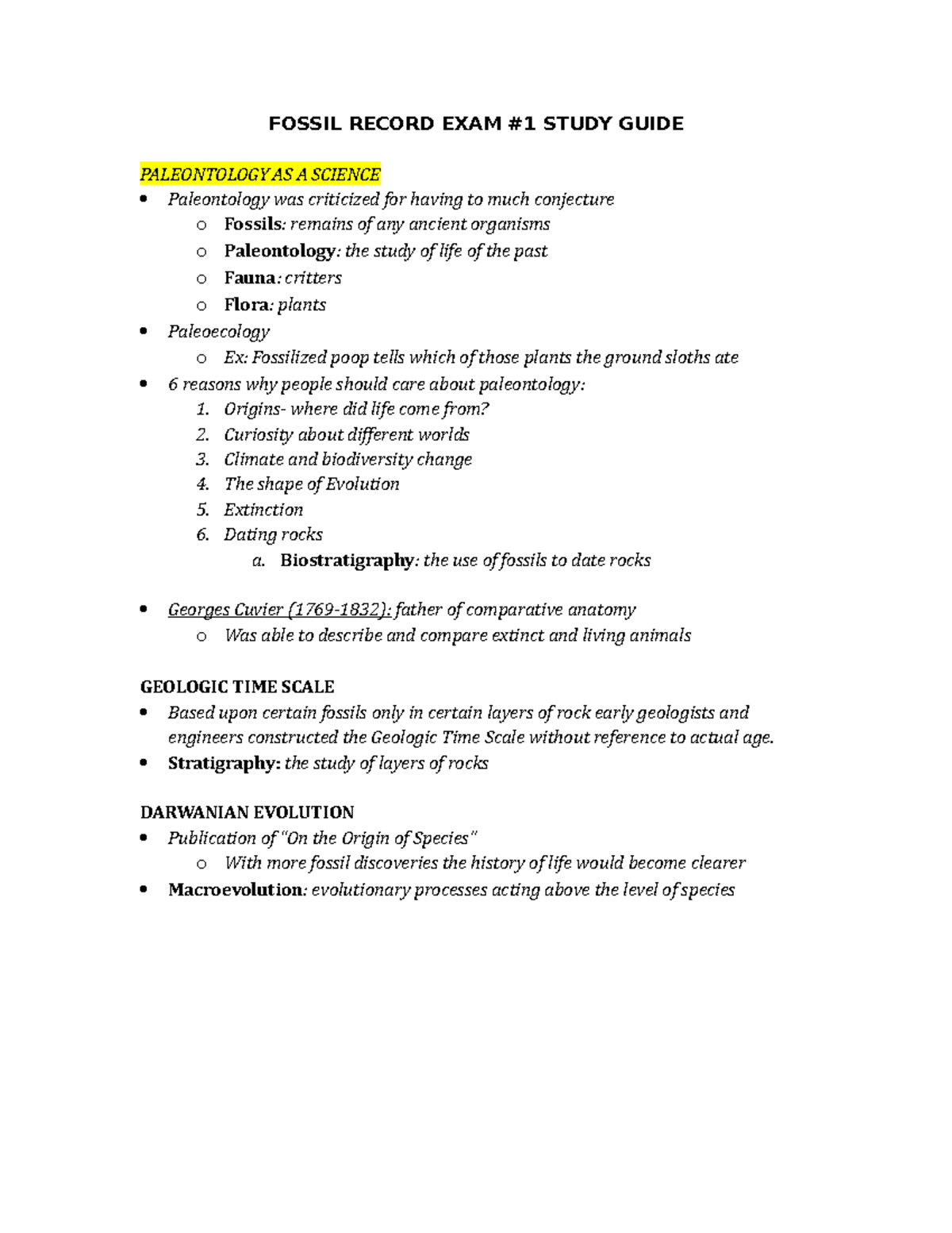 Exam I - III Study Guide - FOSSIL RECORD EXAM #1 STUDY GUIDE ...