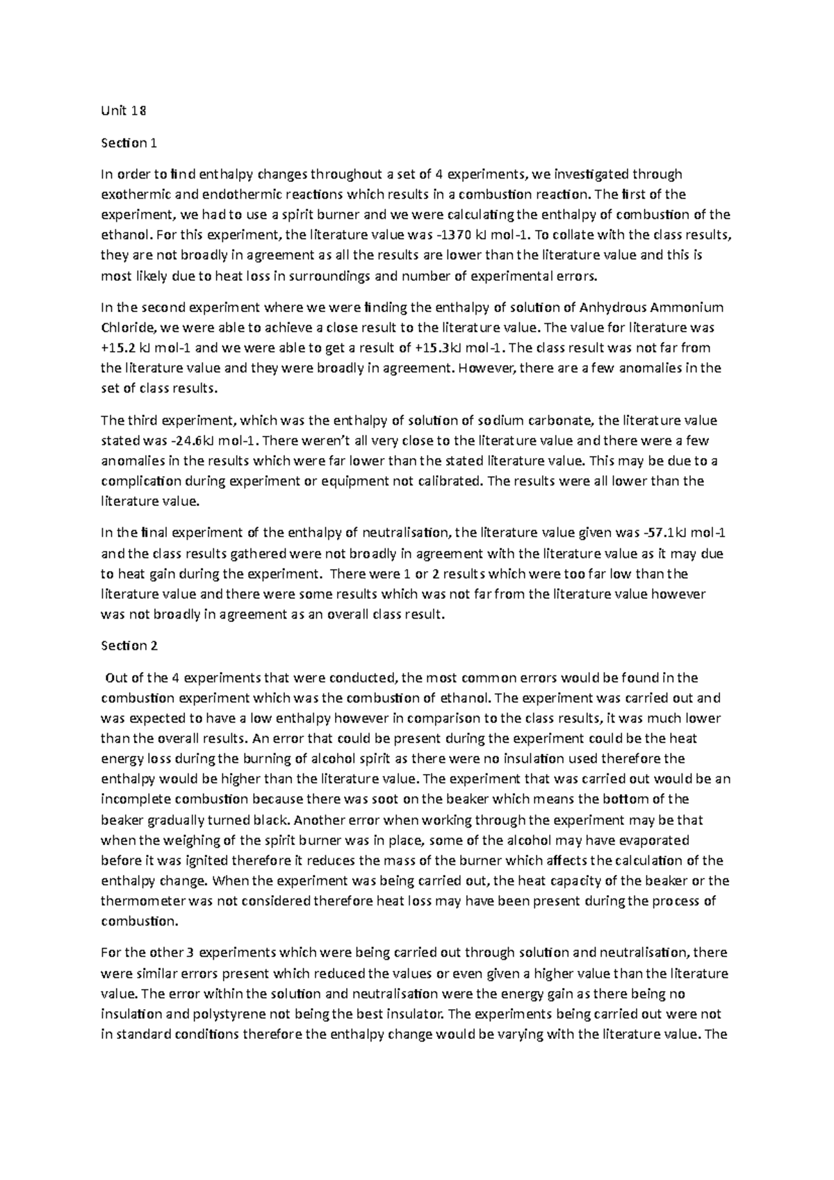 Unit 18a enthalpy - hiyyhyuhuhuihiojho - Unit 18 Section 1 In order to ...