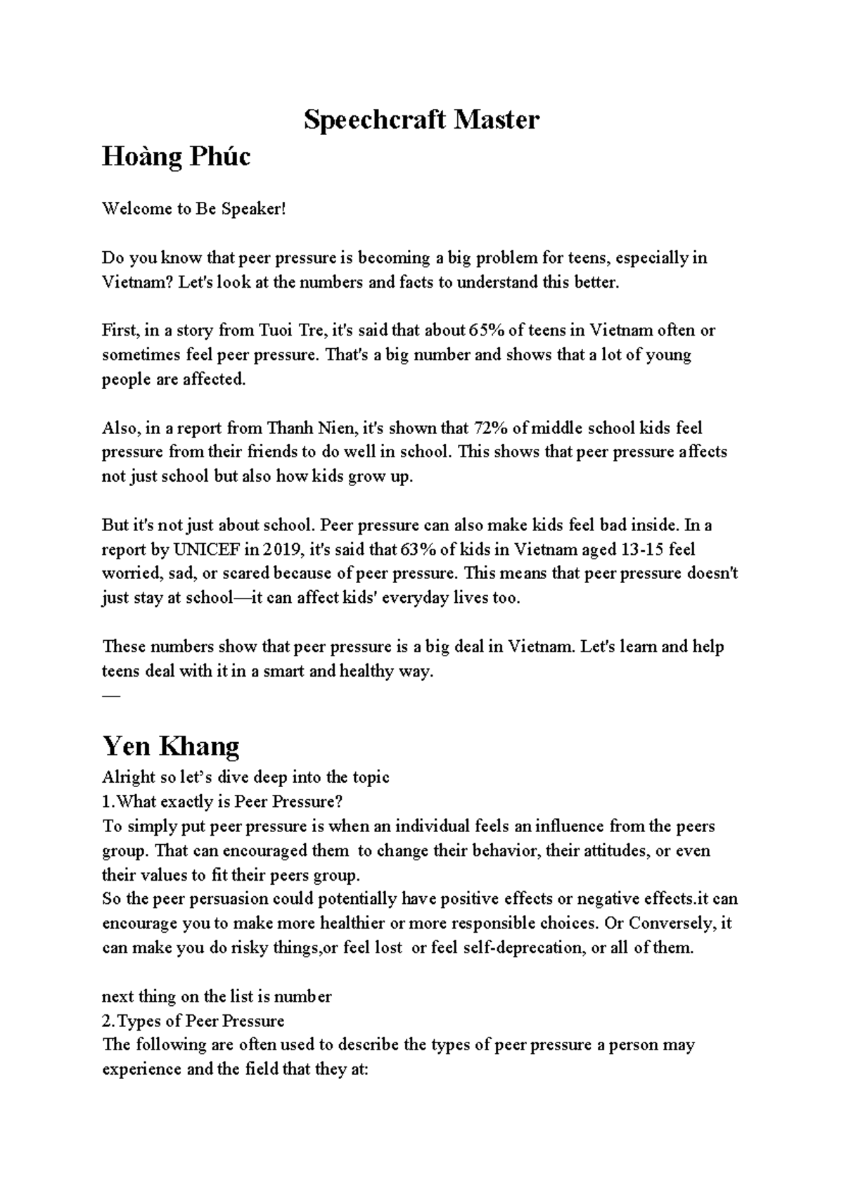 Script Peer Pressure - Speechcraft Master Hoàng Phúc Welcome to Be ...