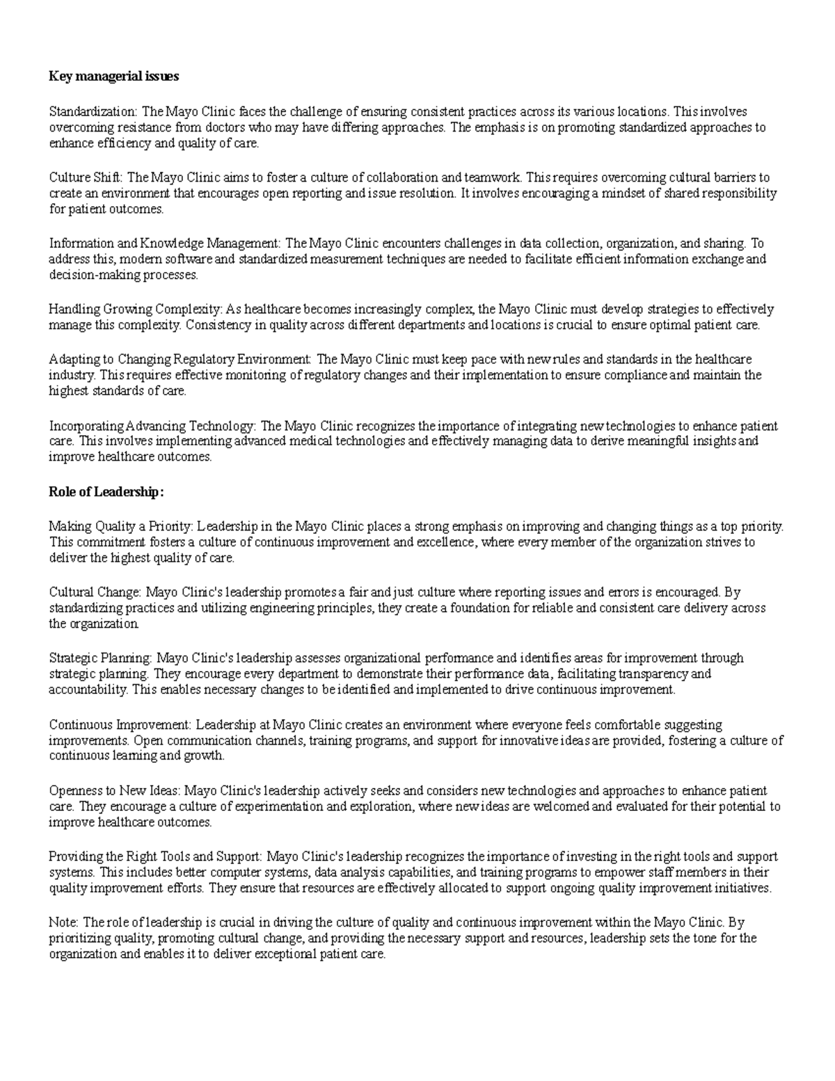 Key managerial issues - notes - Key managerial issues Standardization ...