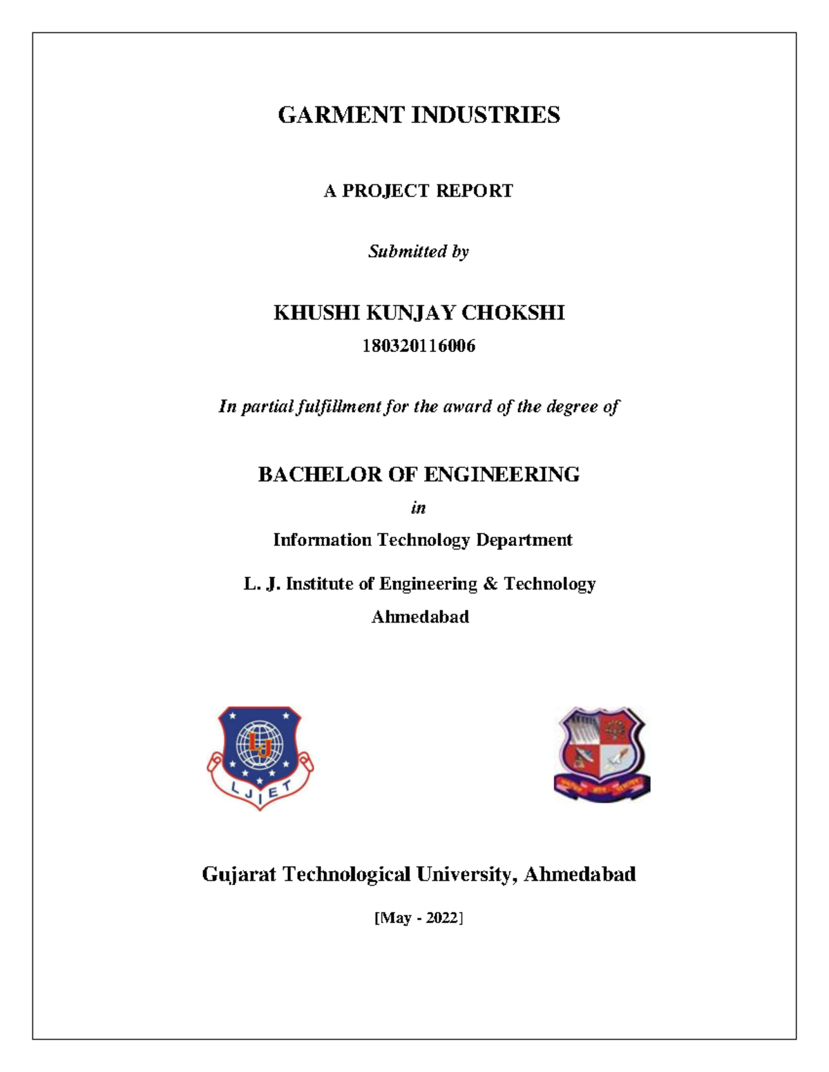 Proj report final - qwe - GARMENT INDUSTRIES A PROJECT REPORT Submitted ...