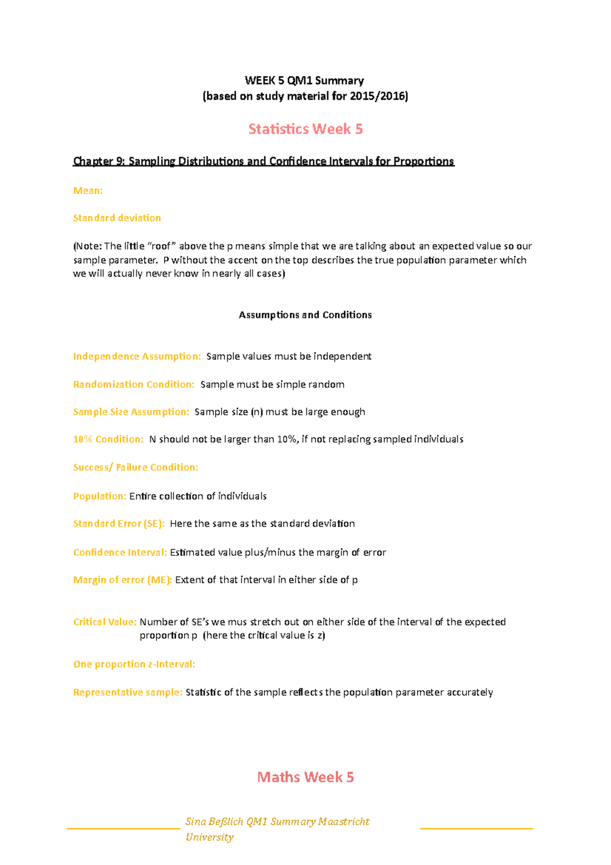 WEEK 5 QM1 Summary - WEEK 5 QM1 Summary (based on study material for 2015/2016) Statistics Week ...