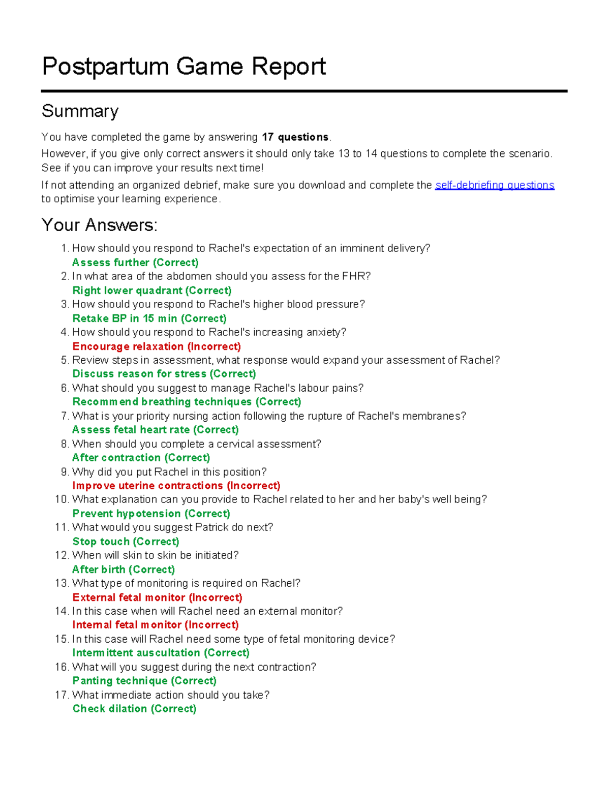 Labour and delivery game report - Postpartum Game Report Summary You ...