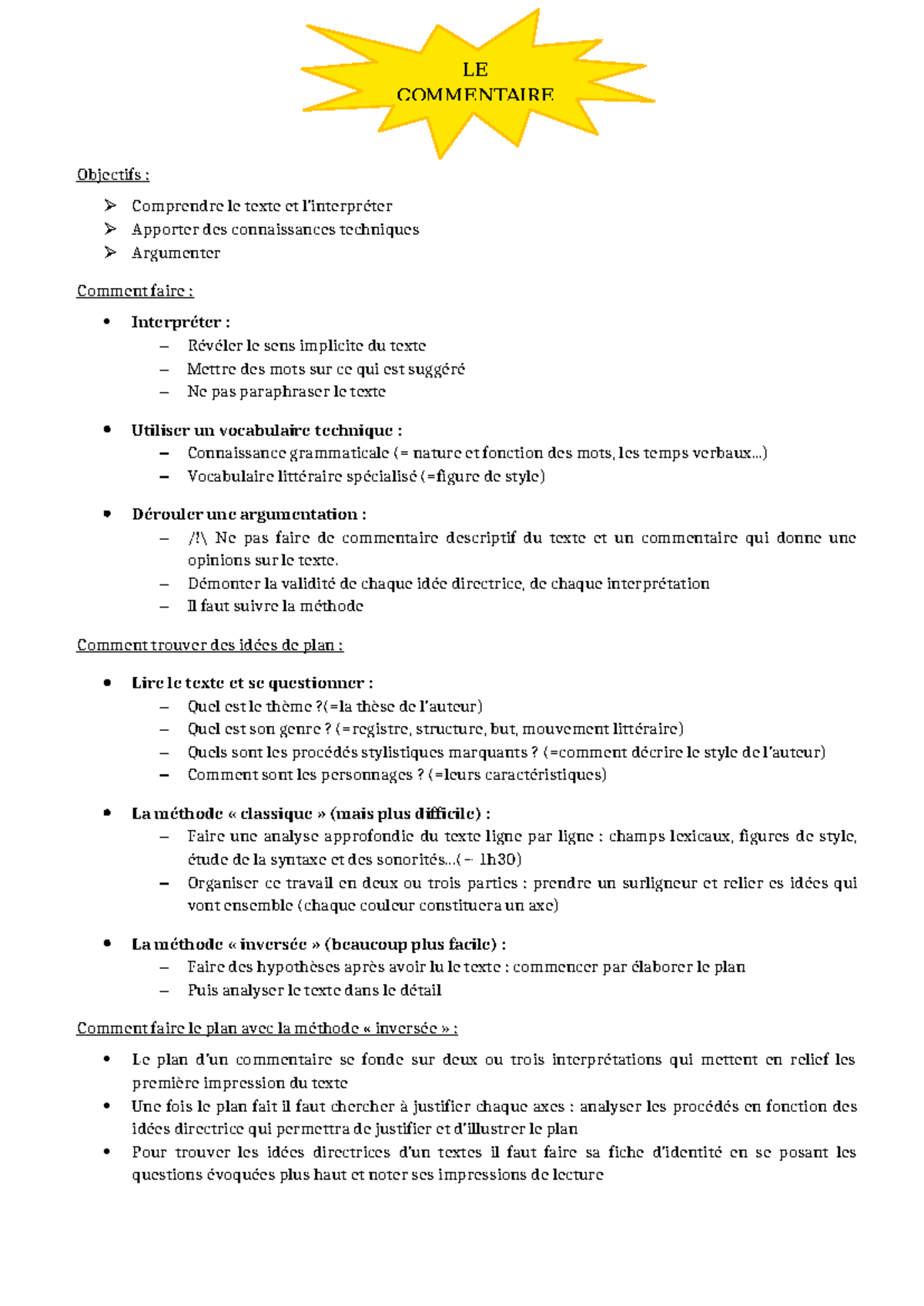 Methode - commentaire - Objectifs : Ø Comprendre le texte et l ...