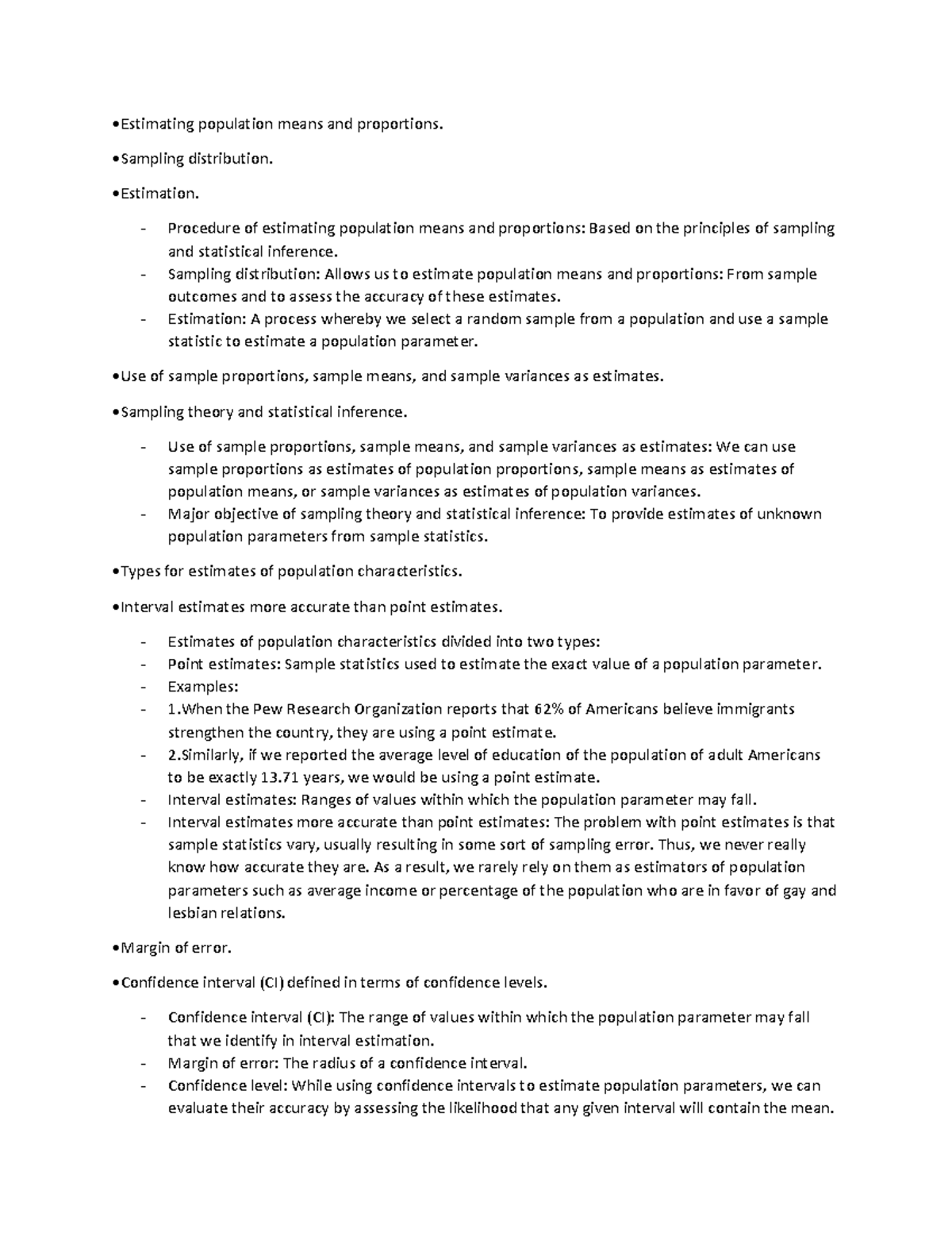 Lecture Notes Unit 7 SSI - •Estimating population means and proportions ...
