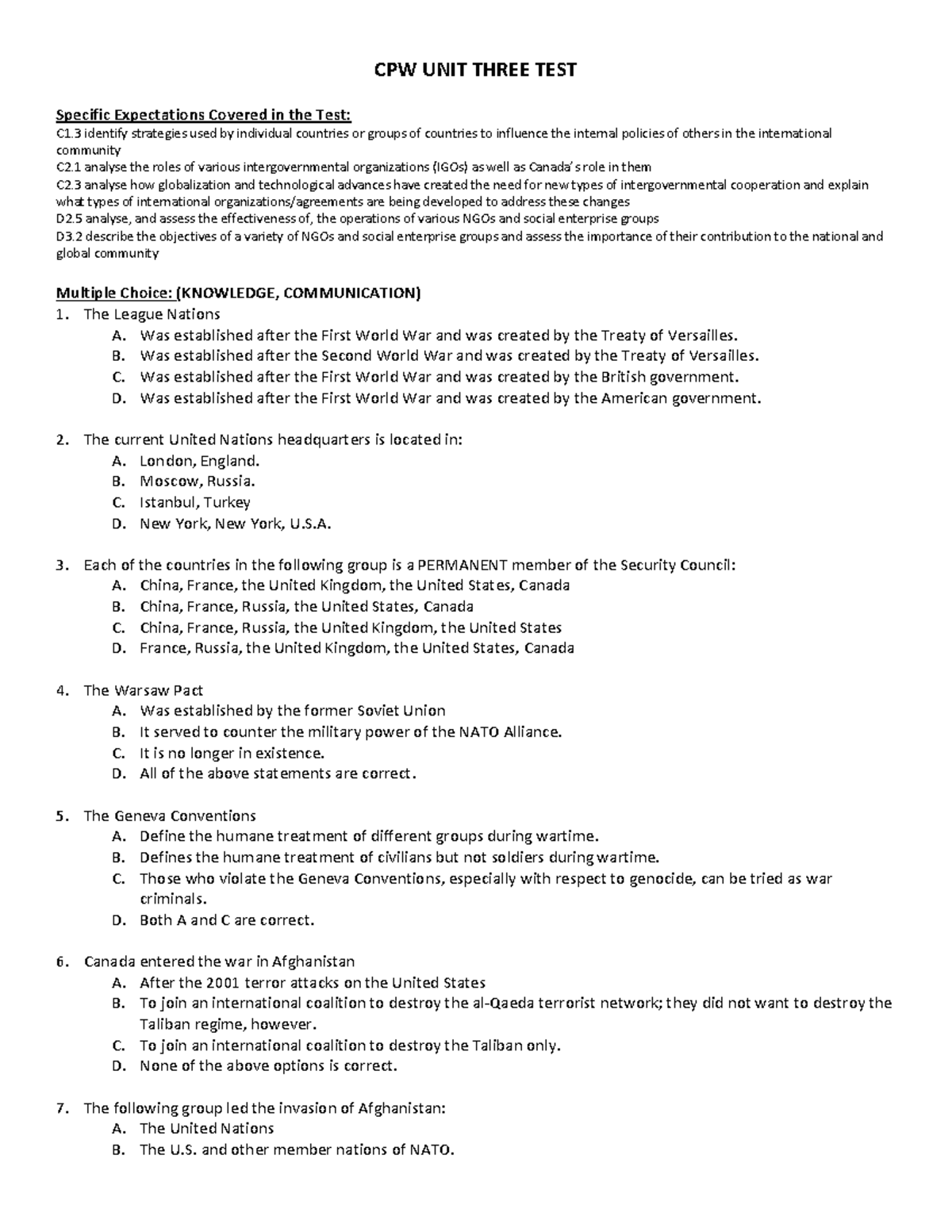 CPW4U UNIT Three TEST - unit test - CPW UNIT THREE TEST Specific ...