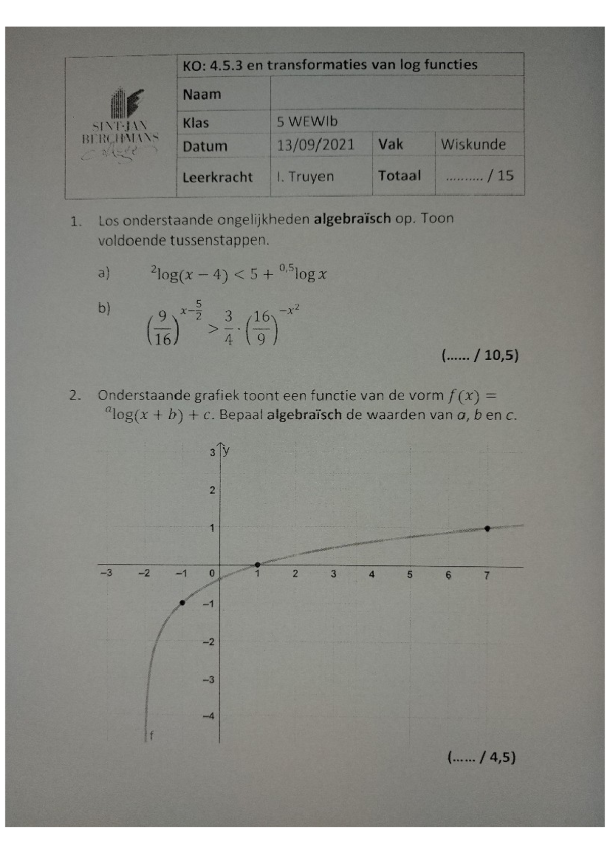 KO 4.5.3 en transformaties log functies - Wiskunde - Studocu