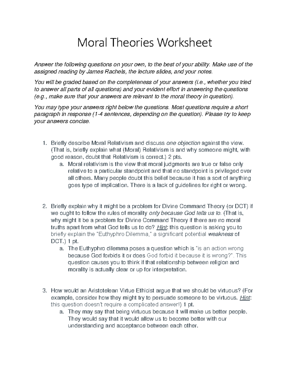 Moral Theories Worksheet - Moral Theories Worksheet Answer the ...
