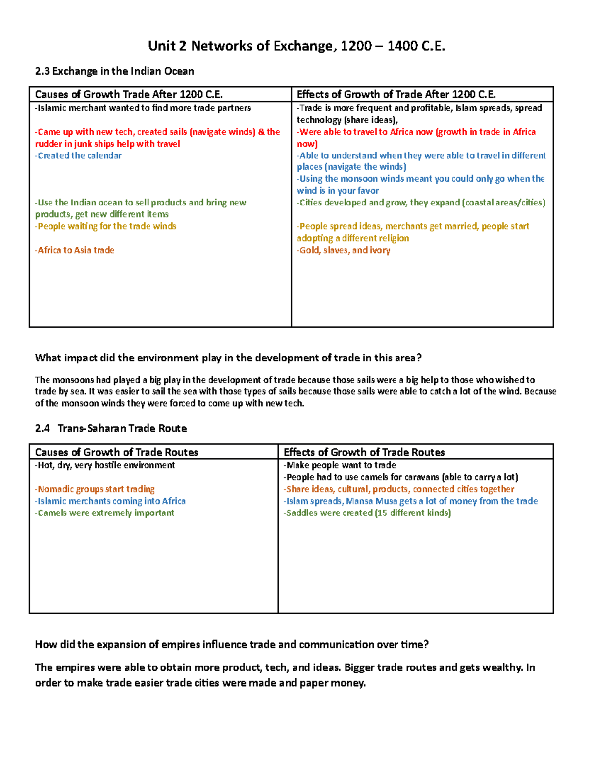 Unit 2 Graphic Organizer Causes Effects Trade Blank Chart - Intro to ...