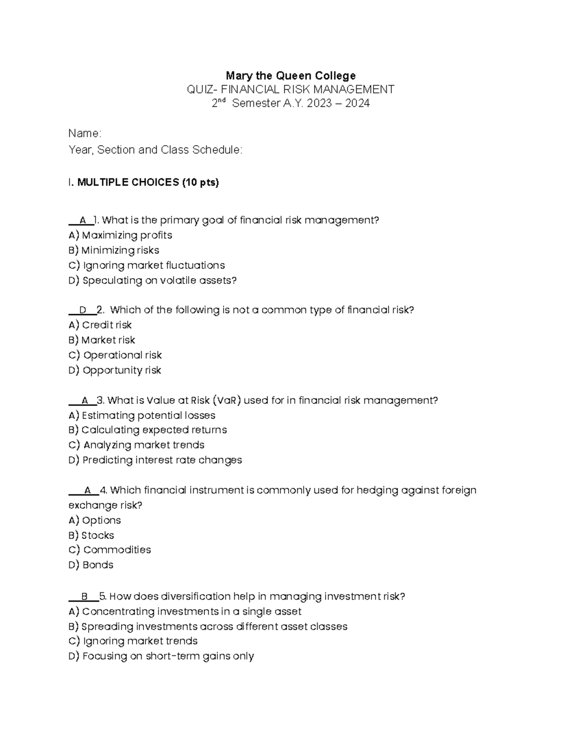 Quiz- Financial Risk Management - Blank Copy - Mary the Queen College ...