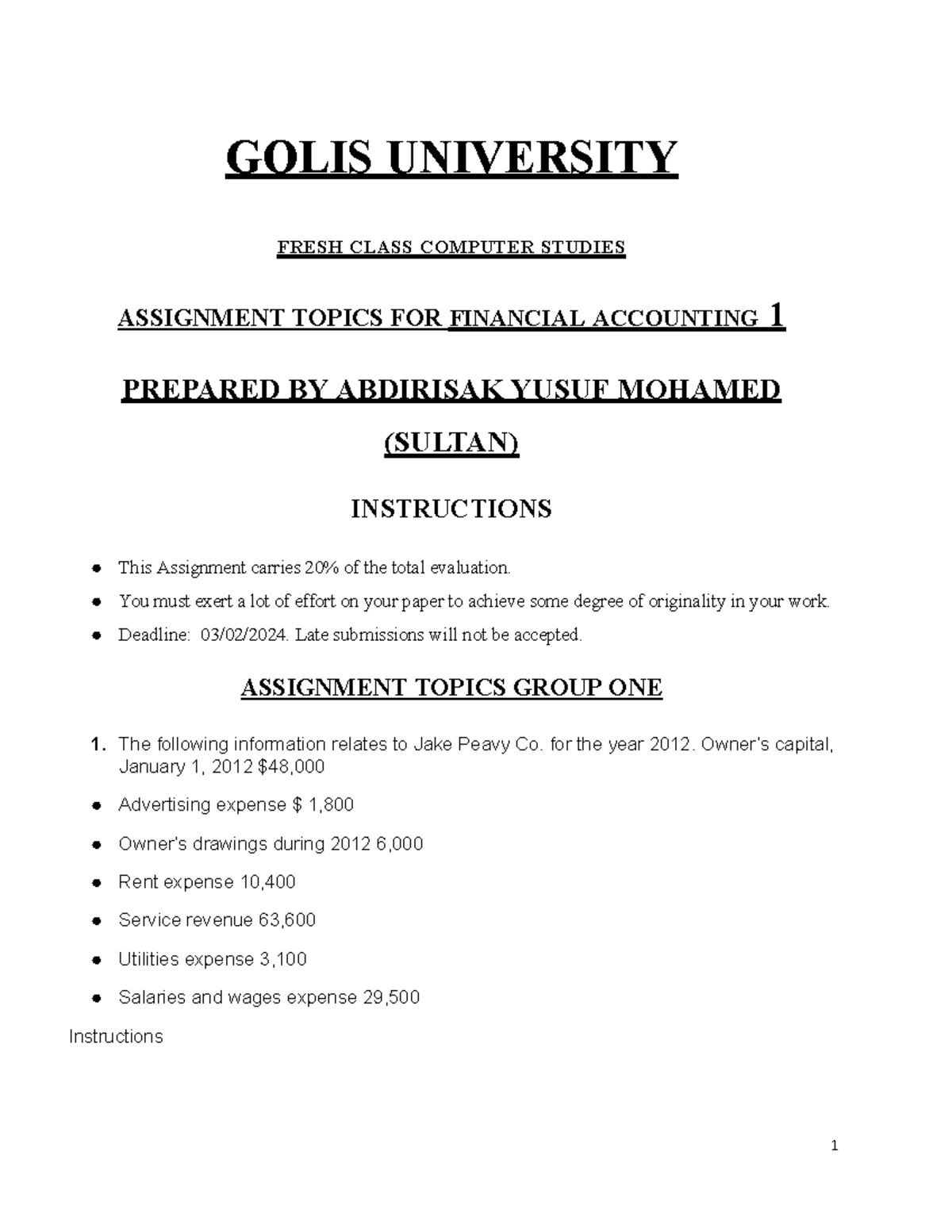 Assignment Questions-For Batch Two (10) - GOLIS UNIVERSITY FRESH CLASS ...