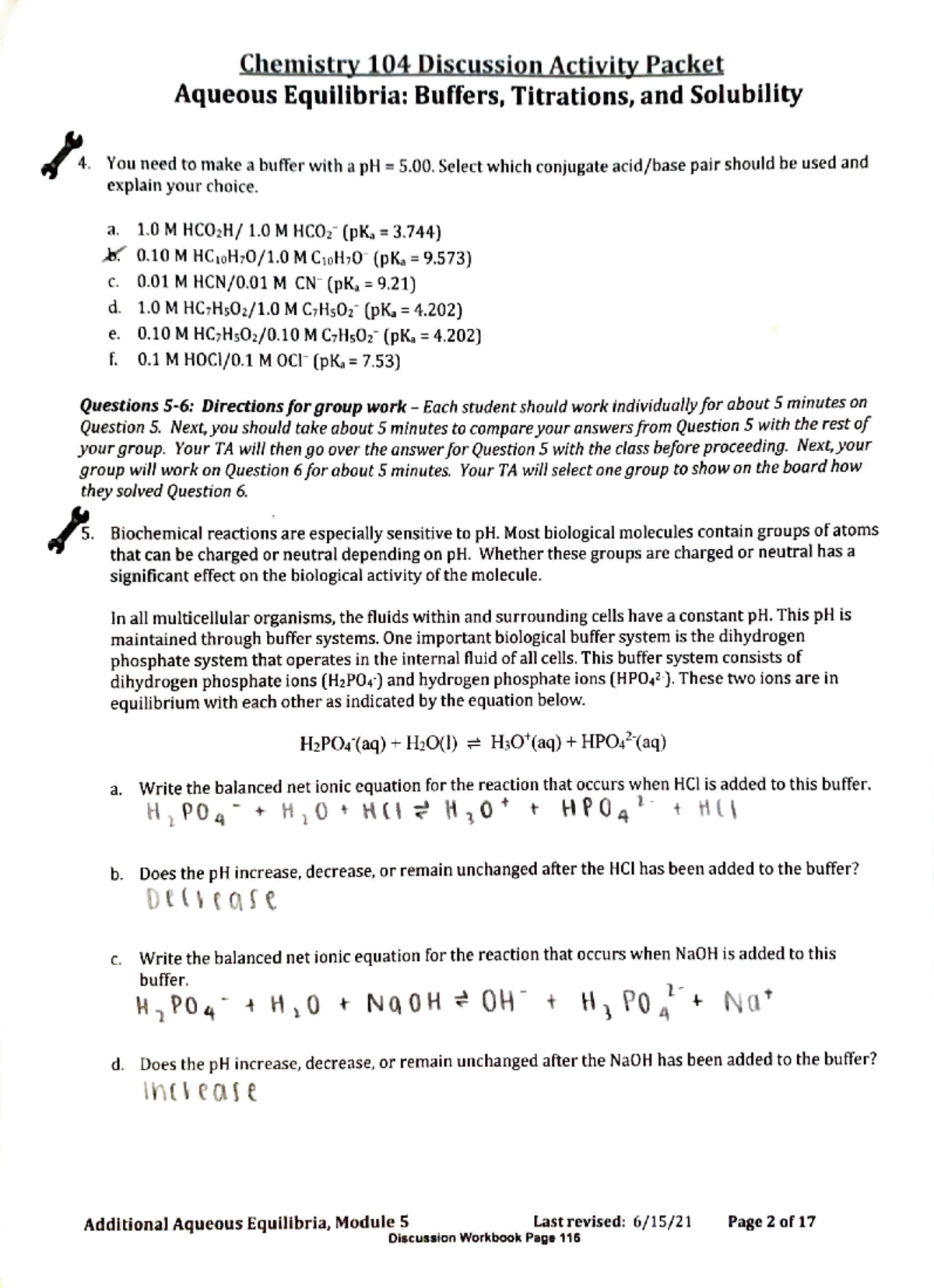 Module 5: Aqueous Equilibria - Chemistry 104 Discussion Activity Packet ...