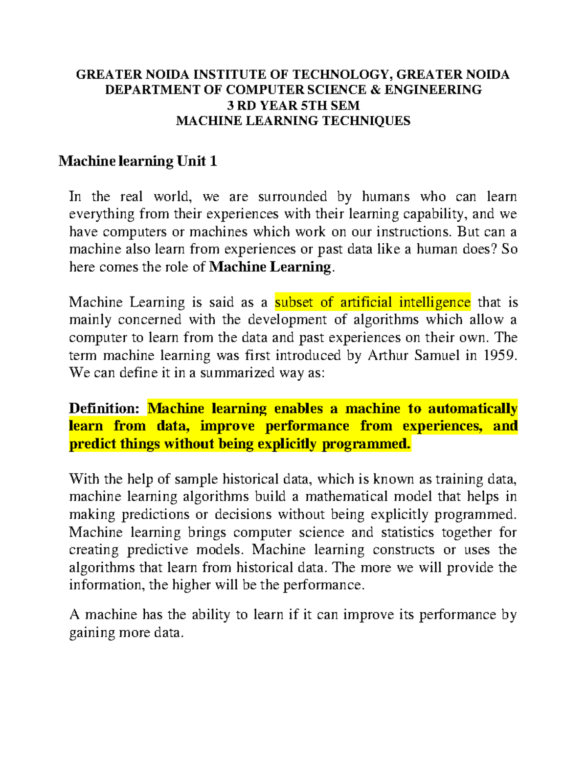 Machine-learning-unit-1-notes - GREATER NOIDA INSTITUTE OF TECHNOLOGY ...