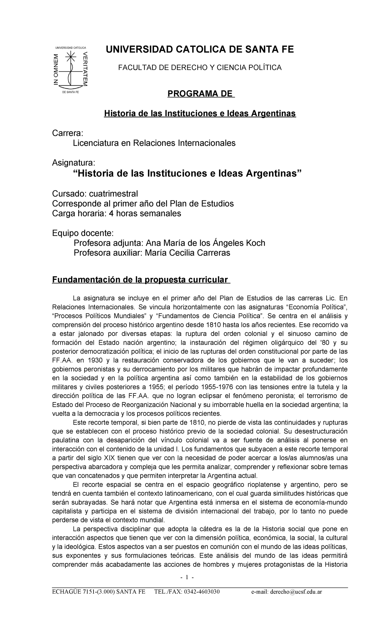 Programa de Historia de las Inst e Ideas Arg -2023 - FACULTAD DE DERECHO Y CIENCIA POLÍTICA ...