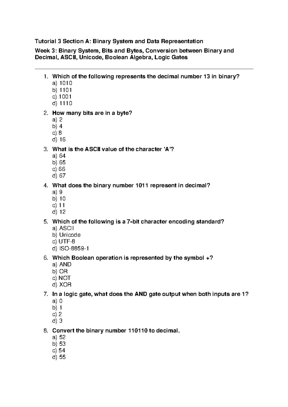 Tutorial 3 - USE FOR STUDYING CSI 161 - Tutorial 3 Section A: Binary System and Data ...