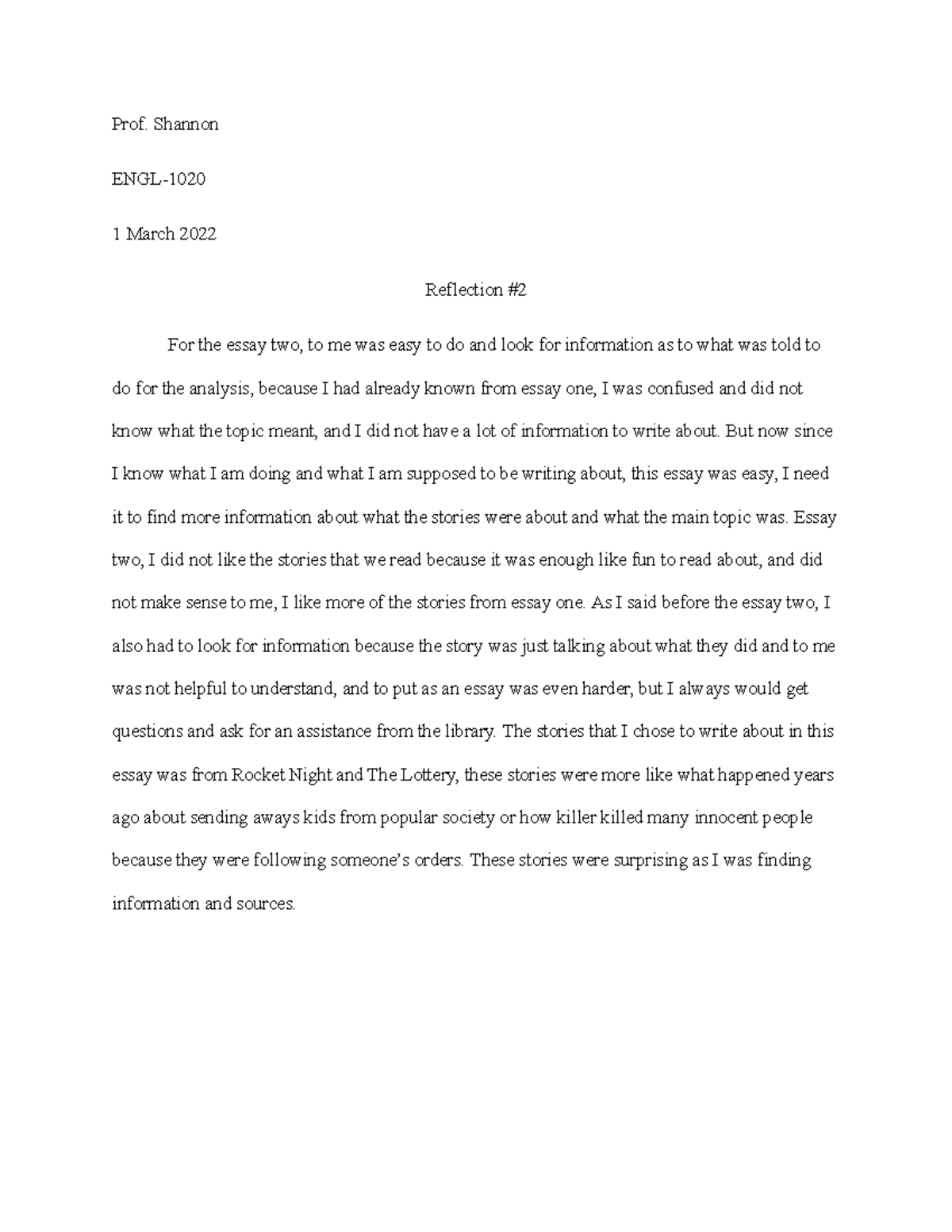 Reflection 2 aobut short stories - Prof. Shannon ENGL- 1 March 2022 ...
